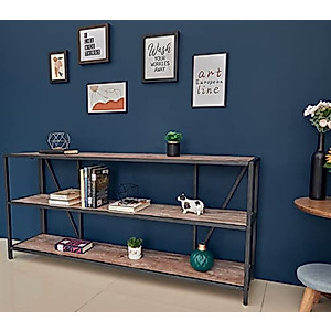 Industrial Bookshelf 3 Shelf Bookcase,Rustic Farmhouse Book Shelves,Solid Wood Three Tier Open Bookcase ,Industrial Wood and Black Metal Bookshelves, Industrial Bookshelf for Living Room Home Office