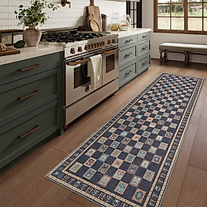 Lahome Checkered Runner Rug, Vintage Hallway Runner Non Slip, Machine Washable Distressed Rug for Kitchen, Retro Runner for Bathroom Laundry Entryway (Purple/Multi, 2.5x8)