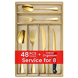 48 pcs Gold Silverware Set with Organizer, Stainless Steel Flatware with Steak Knife for 8, Kitware Utensil Cutlery with Metal Tray, Home Kitchen Knife Fork Spoon, Mirror Polished