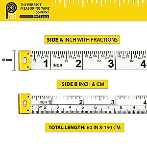 Perfect Measuring Tape All-Purpose 60 Inch Double Sided Fractional Inches and Millimeter/Centimeter Tape Measure TR-16-frac (60 inch White)