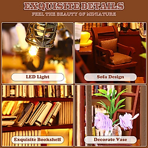 Book Nook Kit, DIY Miniature Dollhouse Booknook Kit, 3D Wooden Puzzle Bookend Bookshelf Insert Decor with LED Light for Adults and Teens, Gifts for Family and Friends (Library)