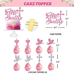 Fiesec Mi Bautizo Decorations for Girls, Baptism First Communion Christening God Bless Party Decorations Backdrop Balloon Garland Arch Glitter Banner Cake Cupcake Topper Gold Pink 103 PCs