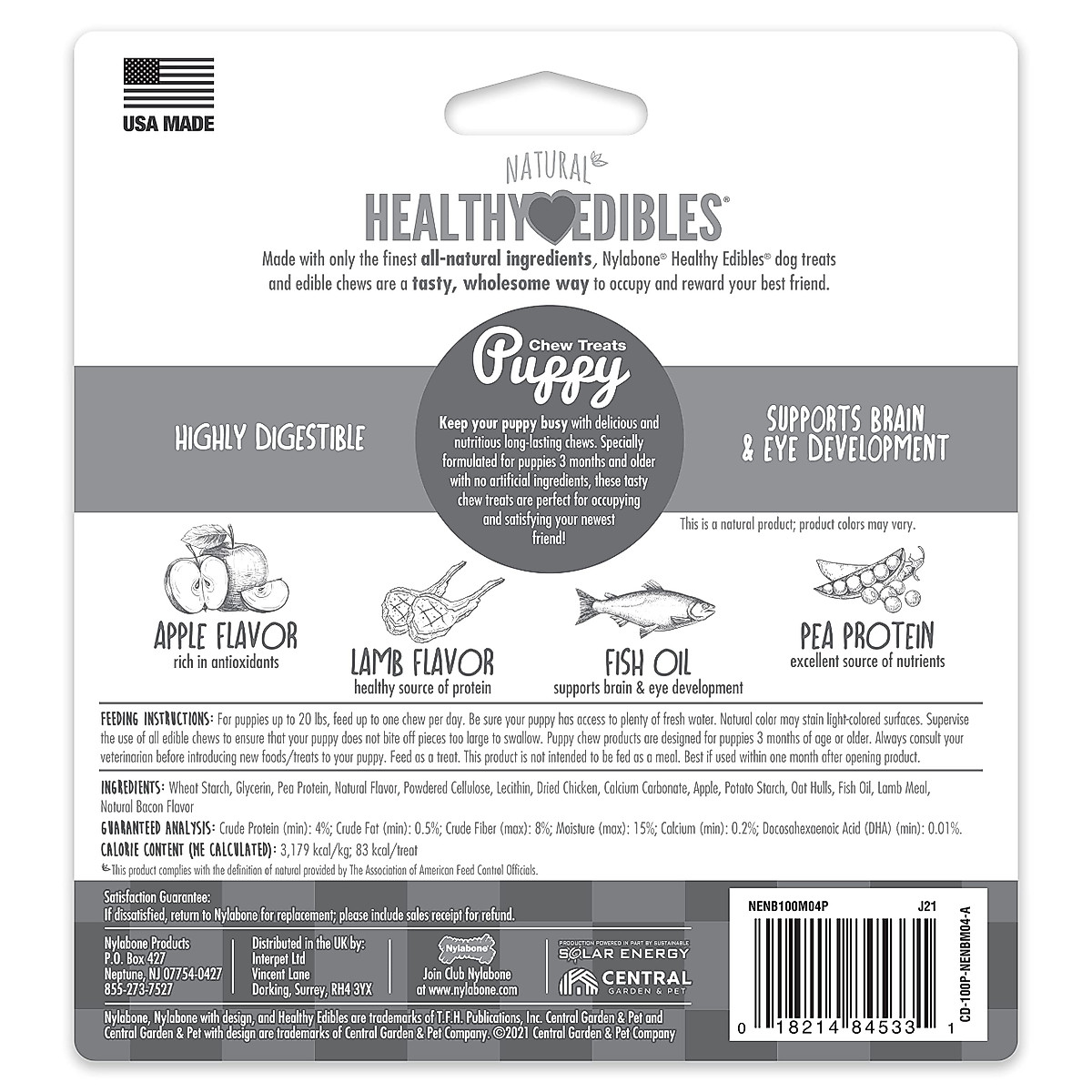 Nylabone Healthy Edibles Puppy Natural Long Lasting Dog Chew Treats Lamb & Apple Small/Regular (4 Count)