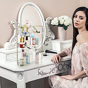 Cididu 3 Tiers Bathroom Counter Organizer, Clear Corner Shelf Storage Rack, Cosmetic Perfume Standing Holder with Gold Metal Pole, Skincare Sink Organizer for Vanity Countertop