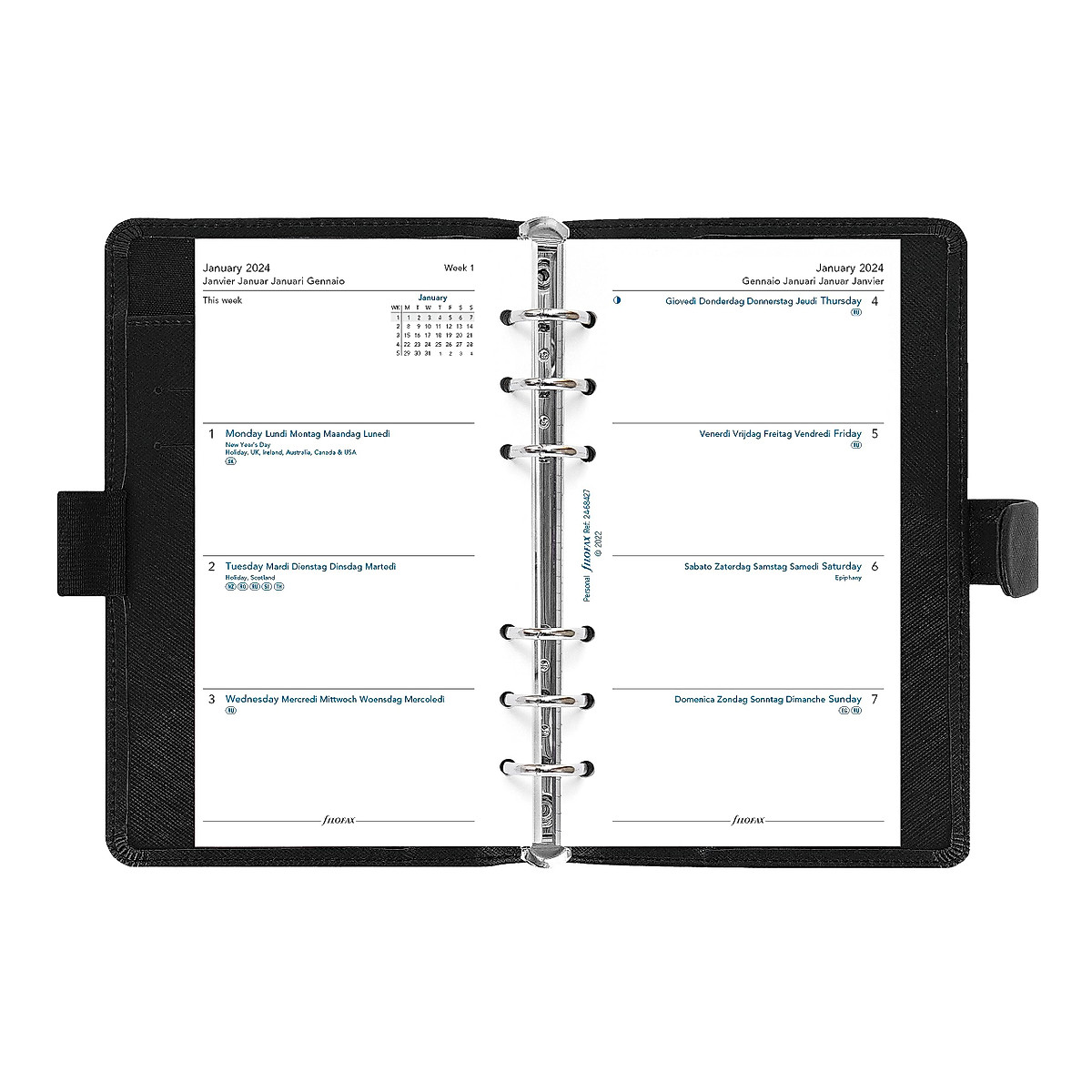 Filofax Saffiano Organizer, Personal Compact Size, Black - Cross-Grain, Leather-Look, Six Rings, Week-to-View Calendar Diary, Multilingual, 2024 (C022469-24)