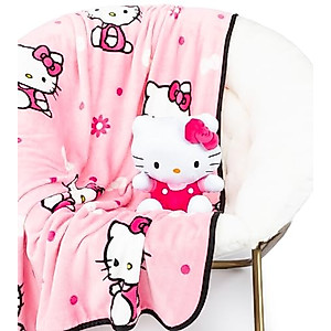 Hello Girly Mini Pillow Buddy and 46 Inch x 60 Inch Super Soft 2 Piece Blanket Set for Kids - Official Hello Kitty Product
