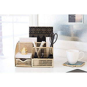 BLU MONACO Designer Metal Gold Desktop Organizer - Desk Organization for Office Accessories - Supplies, Pencils, and Pen Holder for Desk - Cute Gold Desk Accessories - Small Office Desk Organizers