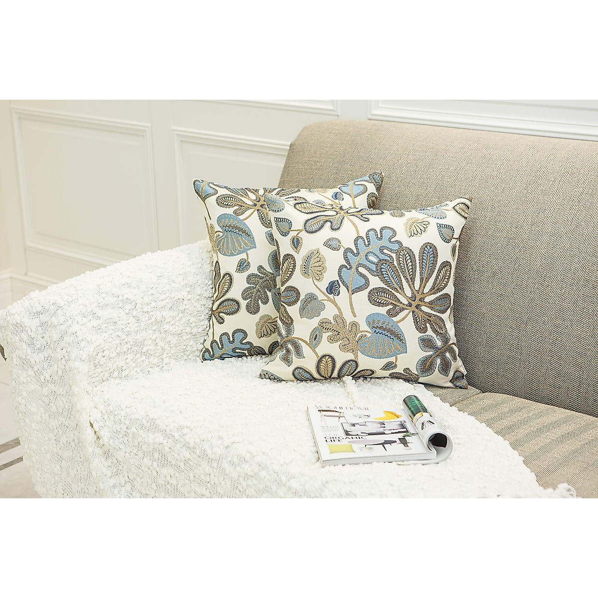 Mika Home Set of 2 Jacquard Tropical Leaf Pattern Throw Pillow Covers Decorative Pillowcase 20X20 Inches,Blue Cream