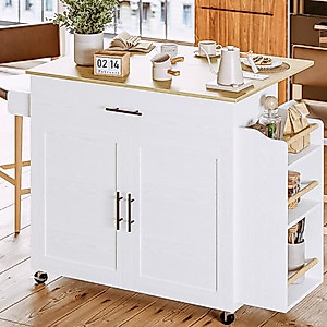 IRONCK Kitchen Island with Storage, Rolling Kitchen Island on Wheels with Drop Leaf, 3 Open Spice Rack Shelf, Door Cabinet, Drawer, Kitchen Cart Island Table for Kitchen, White