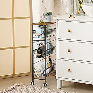 Shinoske Slim Rolling Storage Cart,4-Tier Rolling Kitchen Cart,Narrow Utility Cart with Pull-Out Basket and Wooden Top,for Ktichen,Bathroom,Laundry Room,Small Space,Rustic Brown