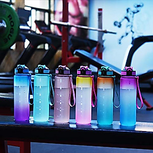 EYQ 32 oz Water Bottle with Time Marker, Carry Strap, Leak-Proof Tritan BPA-Free, Ensure You Drink Enough Water for Fitness, Gym, Camping, Outdoor Sports (Orange/Green Gradient)
