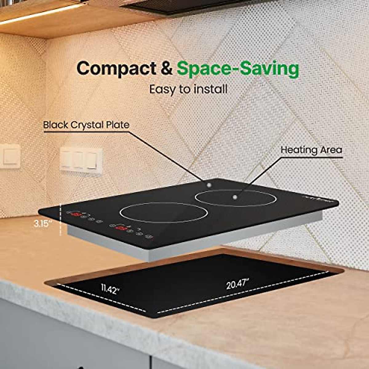 Induction Cooktop - 120V 2 Glass Induction Burner Zones with Adjustable Temperature Settings - 1800W Electric Induction Cooker with Digital Touch Sensor - Induction Hot plate - 20.47 by 11.42 inches