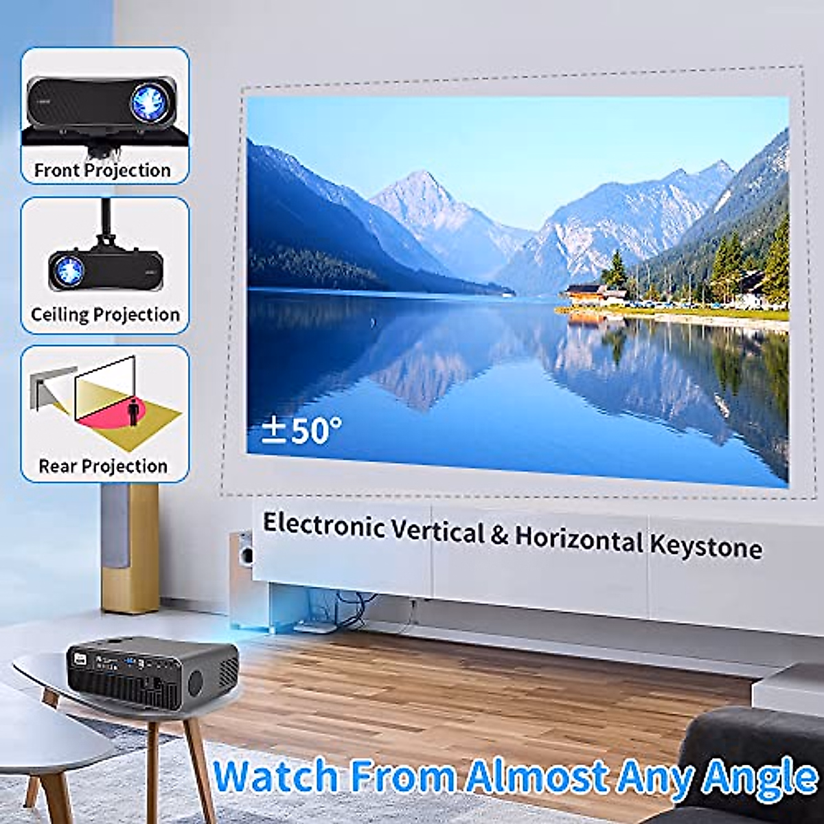 Smart Android Bluetooth Projector, Wireless 5G WiFi Mirroring Native 1080P Projector Home Theater, 200" Outdoor Projector Support 4K Gaming Movie Digital Zoom 4D Keystone for HDMI USB DVD TV Stick PC