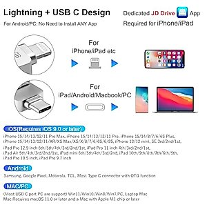 JSL JDTDC MFi Certified 128GB iPhone-16-Photo-Stick USB C & Lightning Flash Drive for iPhone 16/15/14/13/12 Thumb-Drive-for-iPad-Memory External-Storage-Android-Photo-Backup iPhone-Photo-Tansfer-Stick