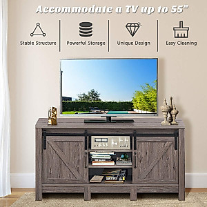 Tangkula TV Stand with Sliding Barn Doors, Modern Farmhouse Wood Entertainment Center for 55 Inch TV, Media Console Cabinet w/Storage Cabinets & Adjustable Shelves, Grey TV Stands for Living Room