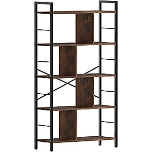 Yoobure 5 Tier Tall Book Shelf, Industrial Bookshelf Storage Bookcase, Open Wood Book Case, Rustic 5 Shelf Display Shelf for Living Room, Modern Standing Book Shelf for Bedroom, Home Office, Kitchen