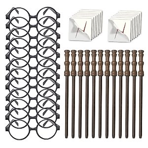 Wizard Theme Party Favors - Wand Pencils,Wizard Glasses with Round Frame No Lenses,Lightning Bolt Scar Temporary Tattoo for Magic Birthday/School Party Supplies ,Halloween Decor,12pcs each(36pcs all)