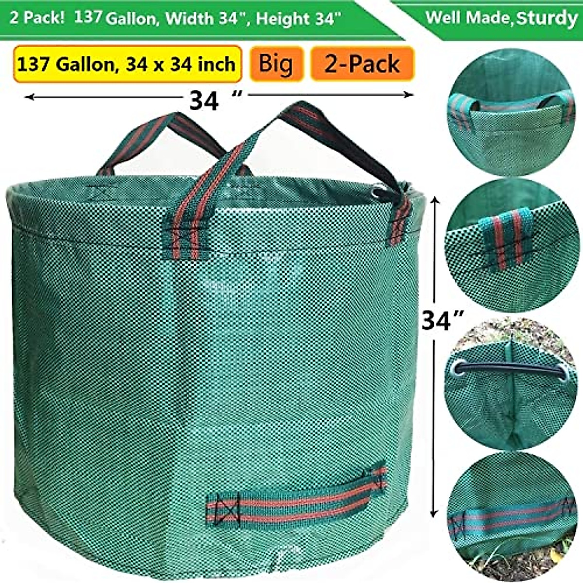 Professional 2-Pack 137 Gallon Lawn Garden Bags (D34, H34 inches) Yard Waste Bags with Coated Gloves - Large Reusable Yard Leaf Bags 4 Handles,Gardening Clippings Bags,Leaf Container,Trash Bags