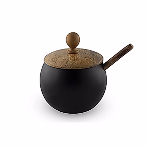 GoCraft Sugar Bowl with Wooden Lid and Spoon for Home and Kitchen, Drum Shape (Matte Black Finish)