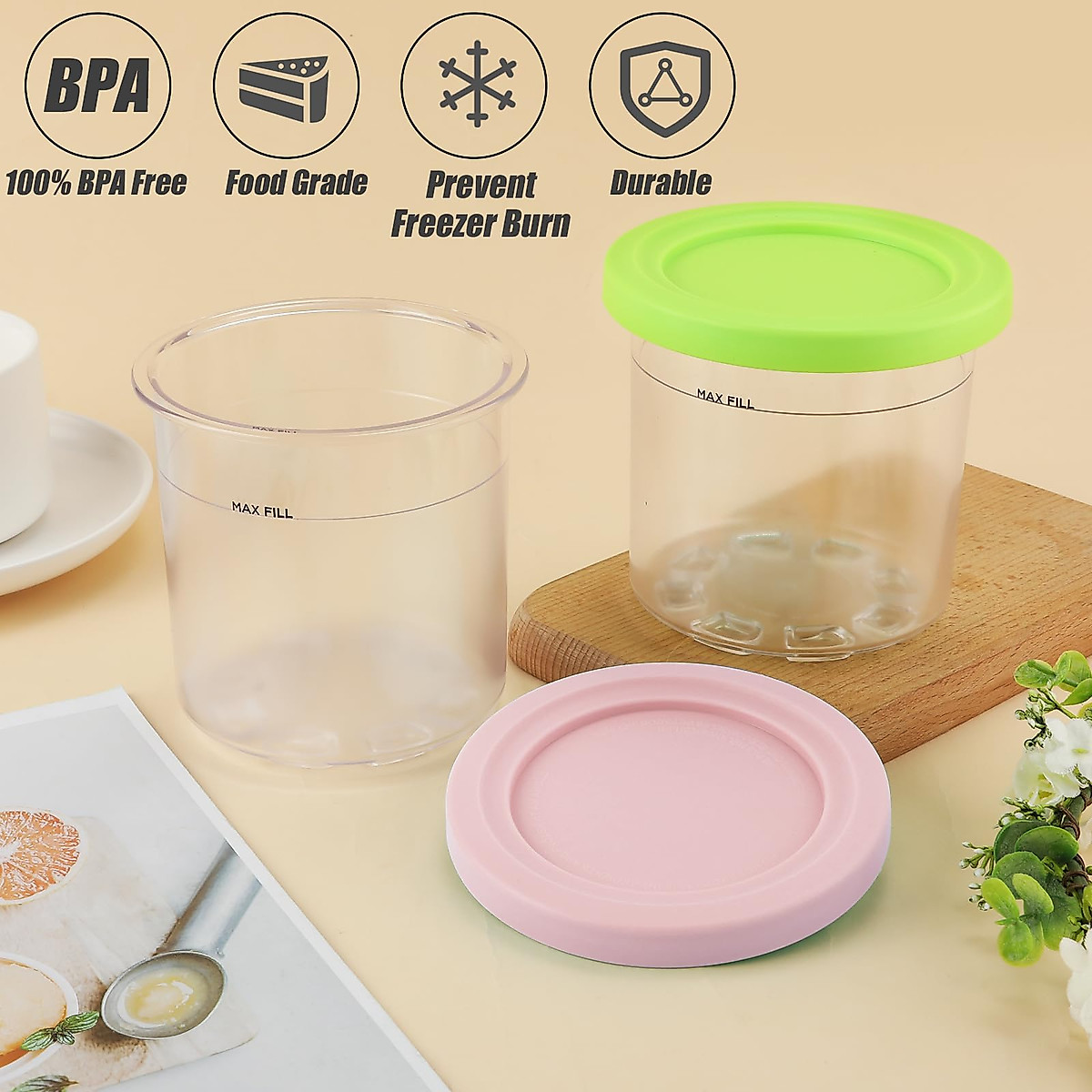 2pcs Replacement Containers for Ninja Creami Pints and Lids, Reusable Ice Cream Containers with Lids Creami Containers Compatible with NC301 NC300 NC299AMZ Series Ice Cream Maker (Pink, Green)
