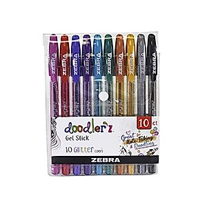 Zebra Pen Doodlerz Gel Stick Pen, Bold Point, 1.0mm, Assorted Glitter Colors, 10 Pack