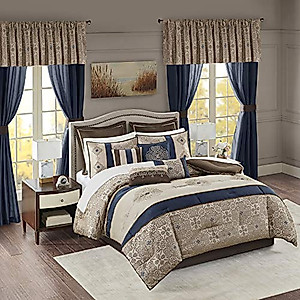 Madison Park Essentials Delaney 24-Piece Room In A Bag Comforter Set-Satin Jacquard All Season Luxury Bedding, Sheets, decorative pillows and Curtains, Valance, Queen (90 in x 90 in), Medallion Navy