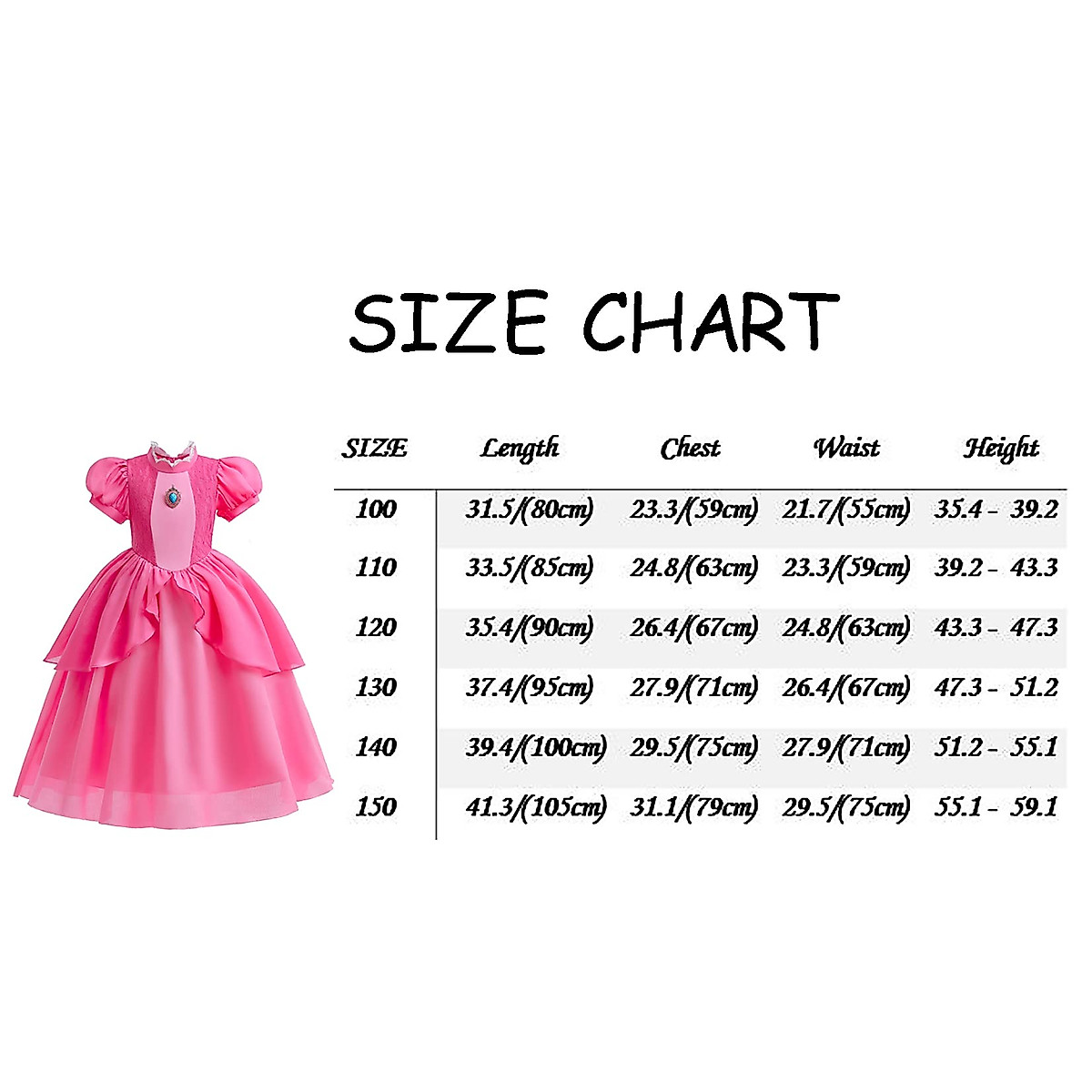 Akokvlar Princess Peach Costume for Girls Deluxe Halloween Dress Up Outfit with Accessories (Pink, 5-6 Years)