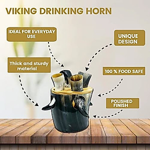 NAQSH Viking Culture Drinking Horn Cup 4 Set -2-3oz - Horn Mugs With Stand, Handmade Cool & Unique Ox Norse for Hot & Cold Drinks Gift for Men and Women (Polished 4 Small Horns)