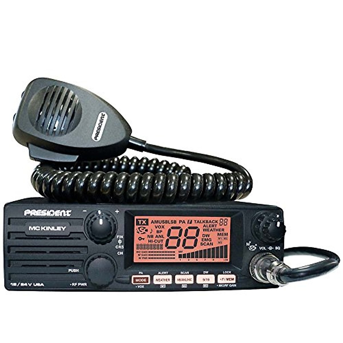 President Electronics MC Kinley USA Hm AM/SSB Tranceiver CB Radio, 40 Channels, 7 Weather Channels, Channel Rotary Switch, Volume Adjustment and ON/Off, Multi-Functions LCD Display, 12/24V