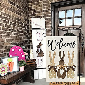 CROWNED BEAUTY Easter Bunnies Garden Flag 12x18 Inch Double Sided for Outside Burlap Small Polka Dots Brown Welcome Holiday Yard Flag CF718-12