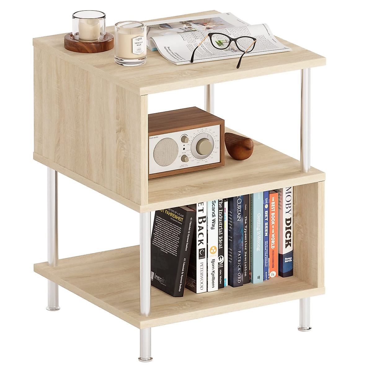 Bestier Night Stand, End Table S-Shaped Side Table with Storage Shelf, 3 Tier Sofa Table for Living Room, Bedside Tables for Bedroom, Small Tables for Small Spaces (Light Oak, 15.8 Inch)