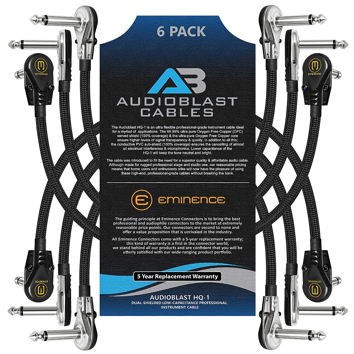 Diginex 6 Units - 8 Inch - Audioblast HQ-1-BRAID (Black)- Flexible - Dual Shielded (100%) - Instrument Effects Pedal Patch Cable w/ ¼ inch (6.35mm) Low-Profile, R/A Pancake TS Plugs & Protective Boot