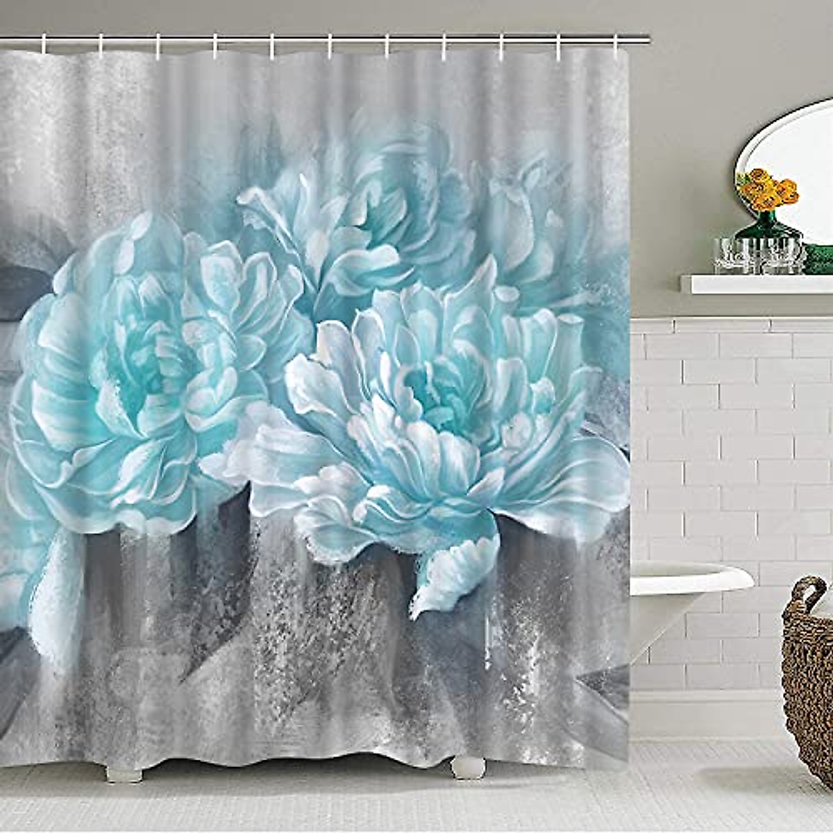 DuoBaorom 4 Pieces Set Teal Blue Flower Shower Curtain Set Elegant Floral Picture Print on Non-Slip Rugs Toilet Lid Cover Bath Mat and Bathroom Curtain with 12 Hooks 72x72inch