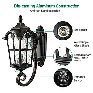 EDISHINE Dusk to Dawn Outdoor Wall Light, 17" Exterior Light Fixture Wall Lantern, Black Roman Porch Light Wall Lamp with Water Ripple Glass, Waterproof Wall Mount Sconce for Porch, Garage, Patio