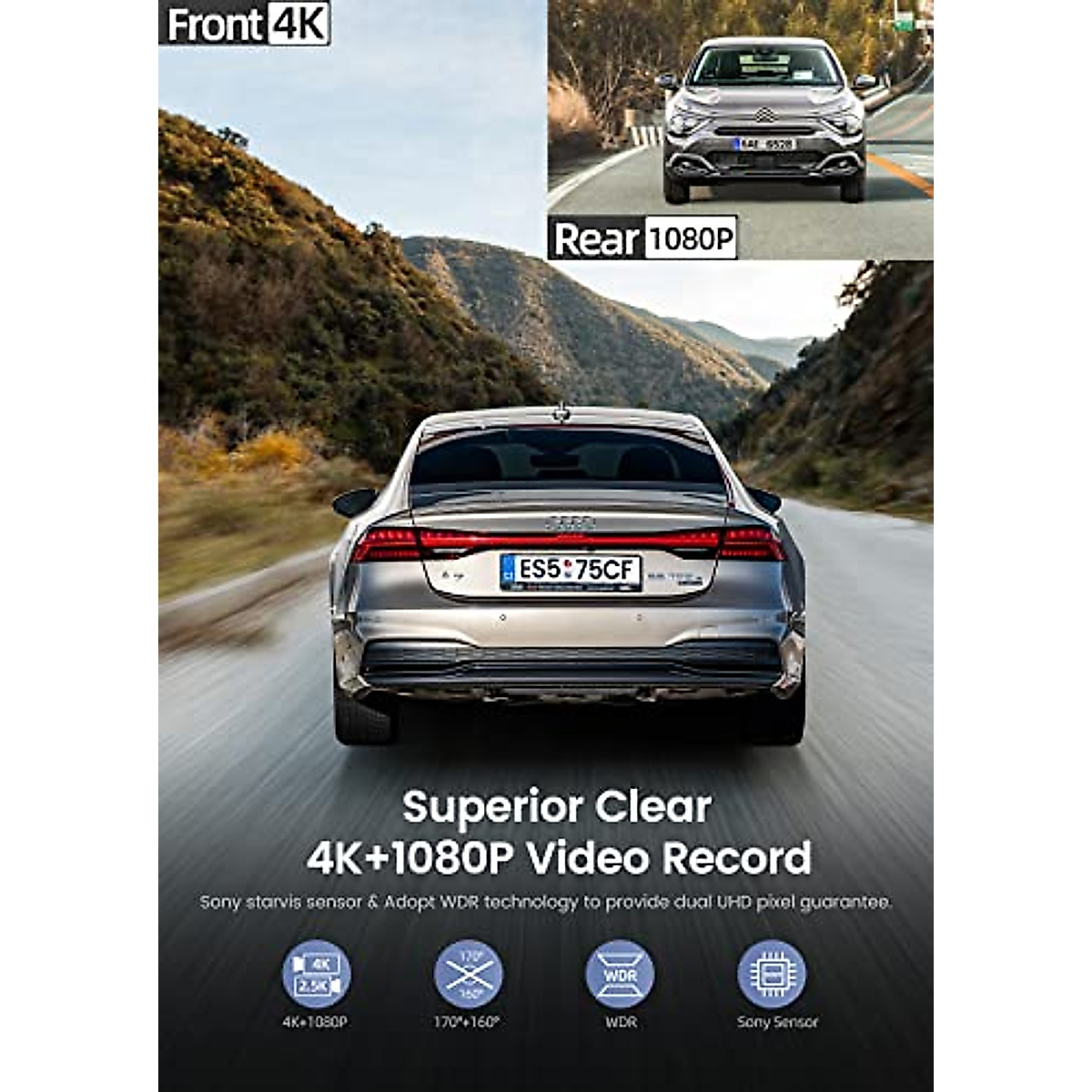 Veement 4K Dash Cam Front and Rear, Front 4K/2.5K Rear 1080P Dual Dash Camera for Cars, Dashcams with Built-in WiFi GPS, 3 inch IPS Display, WDR, Night Vision, 170°FOV, G-Sensor, Support 256GB Card