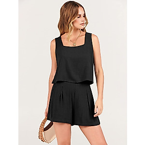 ANRABESS Womens 2 Piece Outfits Linen Square Neck Crop Short Set Lounge Matching Sets 2023 Trendy Clothes Summer Vacation Set for Beach Vacation Resort 997heise-S, Black