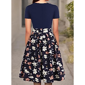 YATHON Women's Classic O Neck Navy Floral Print Wedding Guest Formal Party Church Dresses Summer Keyhole Cutout Pleated Pocket Cocktail Dress (M, YT018-Navy Floral 01)