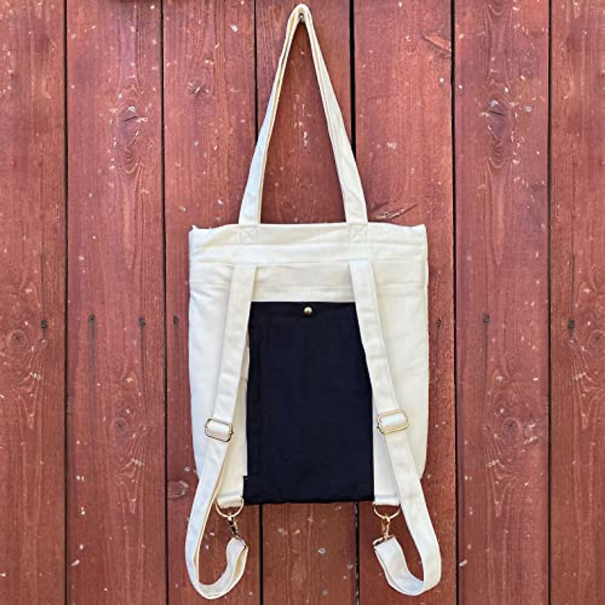 KELAMY Convertible Canvas Backpack Tote with Zippers & Pockets Color Block Tote Bag/Backpack (Black)