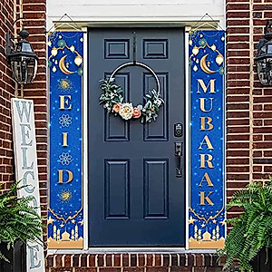 Eid Mubarak Porch Sign Banner Ramadan Mubarak Hanging Decoration, Eid Mubarak Banner Front Door Hanging Sign Indoor/Outdoor Decorations