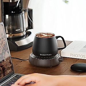 SWEETFULL Mug Warmer for Coffee and Tea Coffee Mug Warmer W/12 oz Mug and Lid Coffee Warmer As Coffee Gifts for Desk Office Coffee Lovers. （20W Cup Warmer Candle Warmer Auto Shut Off） (Wood Grain)