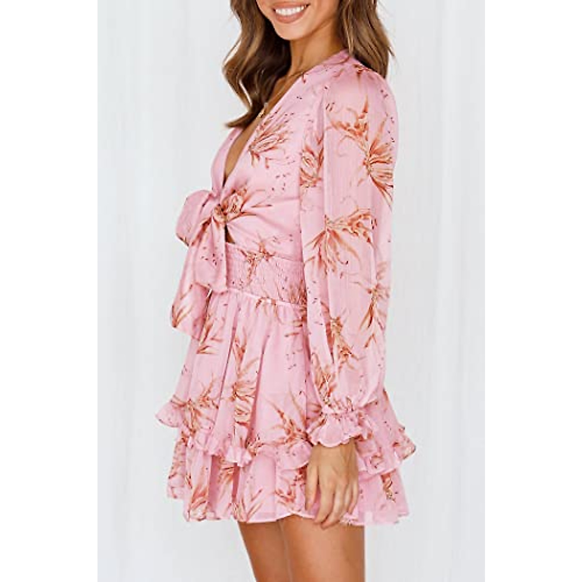 PRETTYGARDEN Women's Short A-Line Flare Dress Knot Front Long Sleeve V Neck Tiered Ruffle Swing Mini Skater Dresses (Pink Floral,Small)
