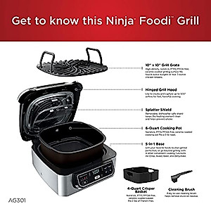 Ninja Foodi 5-in-1 4-qt. Air Fryer, Roast, Bake, Dehydrate Indoor Electric Grill (AG301), 10inch x 10inch, Black and Silver (Renewed)