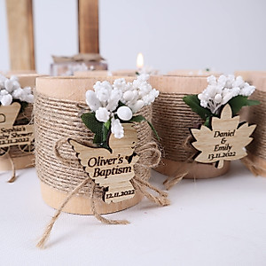 Pack of 10-15-25-35-50-100 Personalized Wood Tealight Candle Holder Custom Tealight Candle Holder Decorations Wooden Cylinder Candle Holders for Table Centerpiece (Light Brown, Party-Favor)
