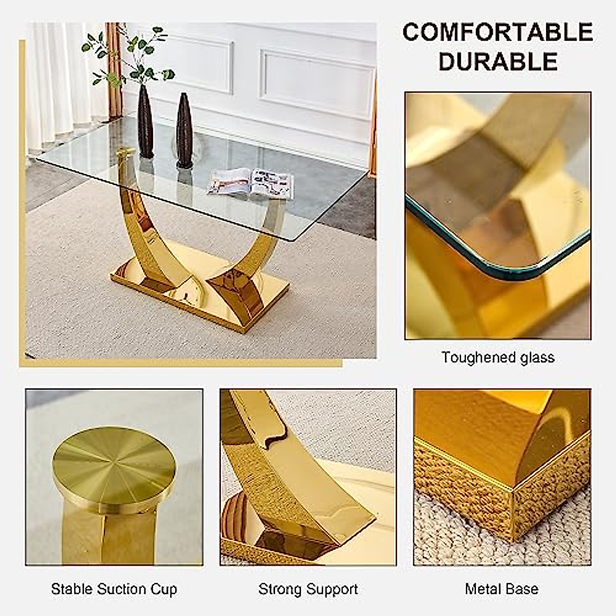 Wlvos 62.8" Rectangular Glass Dining Table for 4-6 with 0.39" Tempered Glass and Golden Chrome Metal Special-Shaped Bracket, for Kitchen Dining Living Meeting Room Banquet Hall (Golden)