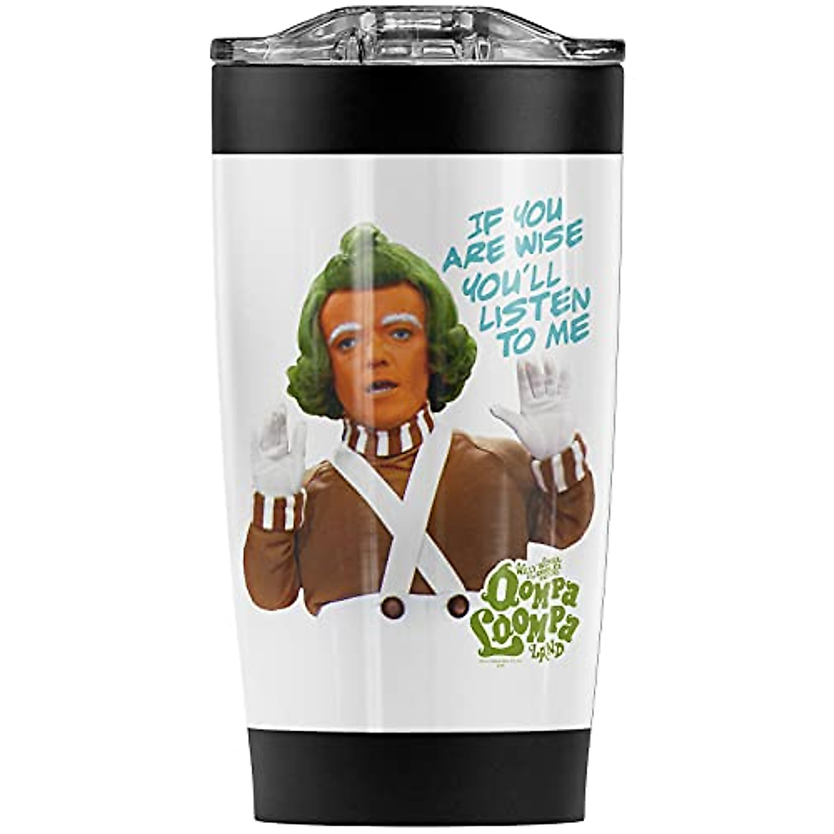 Willy Wonka Oompa Loompa Listen Stainless Steel Tumbler 20 oz Coffee Travel Mug/Cup, Vacuum Insulated & Double Wall with Leakproof Sliding Lid | Great for Hot Drinks and Cold Beverages