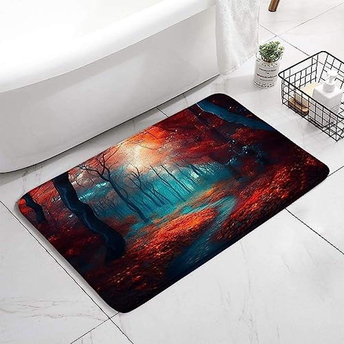 UAEAEX Halloween Bath Mat Misty Forest Blue Orange Red Natural Scenery Gothic Microfiber Memory Foam Bath Kitchen Living Room Foyer Decor Rug