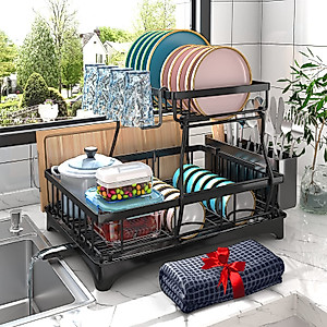 Godboat Dish Drying Rack, Dish Rack with Extra Drying Mat, 2-Tier Dish Racks for Kitchen Counter, Kitchen Gadgets with Drainboard & Utensil Hooks, Kitchen Organization & Decor, Gifts for Women & Men