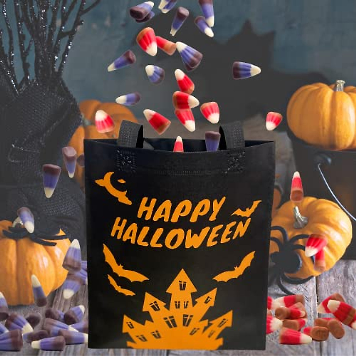 Crethinkaty 12 Packs Halloween Trick or Treat Non-woven Tote Bags, Pumpkin Spider Bat Witch Haunted House Reusable Goodie Treat Bags with Handle for Halloween Party Favors for Kids - 12*10IN