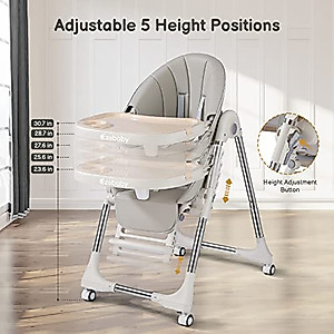 Ezebaby Baby High Chair, Portable High Chair with Adjustable Heigh and Recline, Foldable High Chair for Babies and Toddler with 4 Wheels, High Chair for Toddlers with Removable Tray-(Grey)