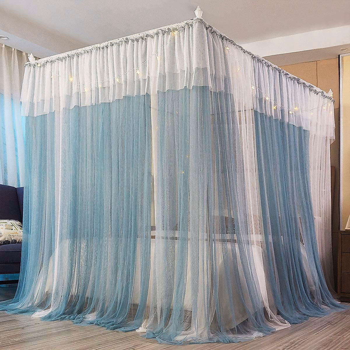 Joyreap Luxury 4 Corners Post Canopy Bed Curtains - Blue & White Cozy Drape Netting - Cute Princess Bedroom Decoration Accessories (59" W x 78" L, Full/Queen)